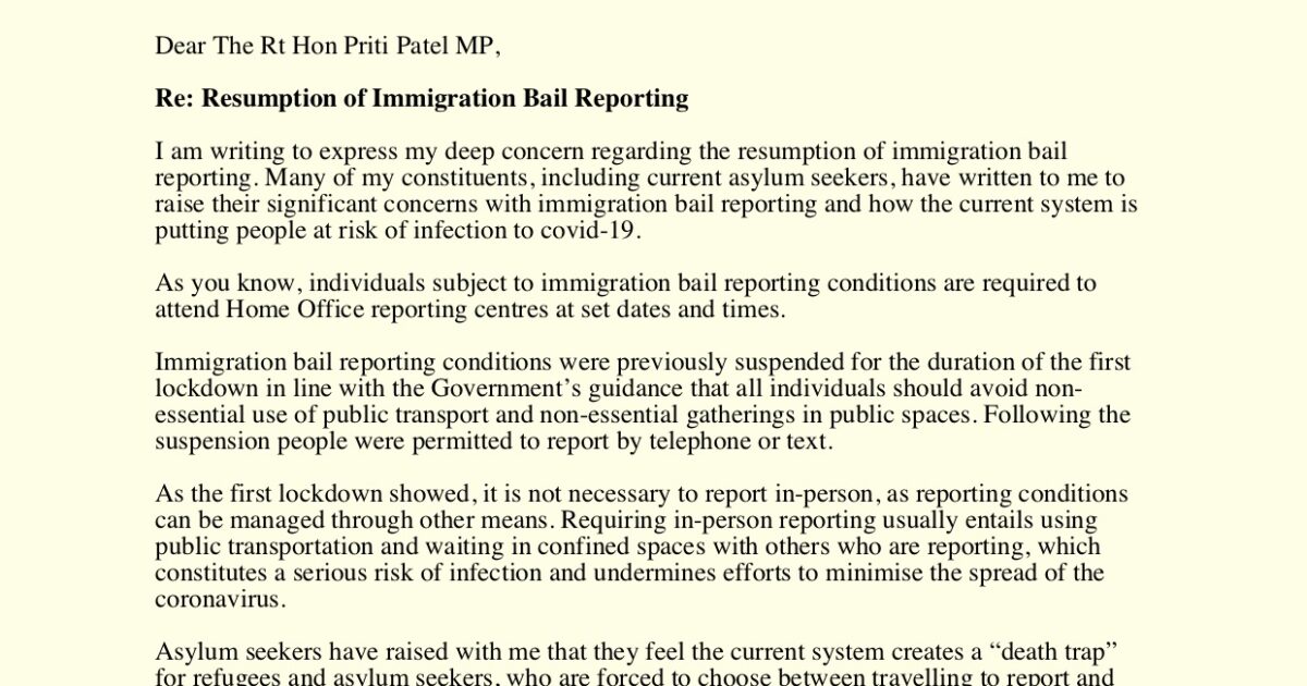 Re: Resumption of Immigration Bail Reporting - Olivia Blake