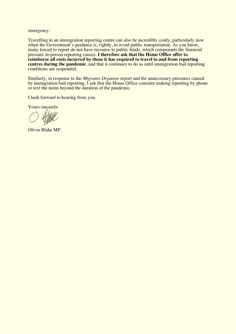 Re: Resumption of Immigration Bail Reporting - Olivia Blake